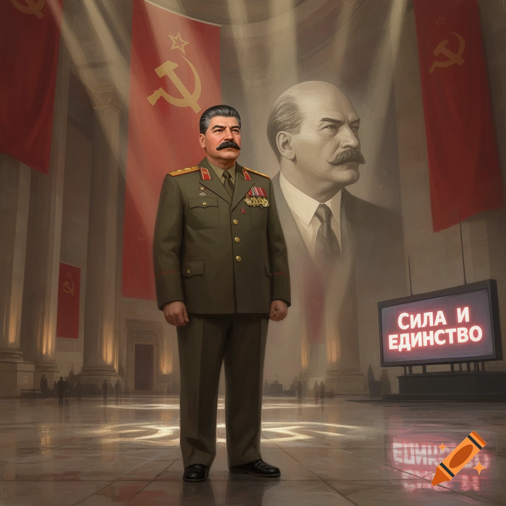 Stalin in a military uniform stands in a grand hall with Soviet flags ...