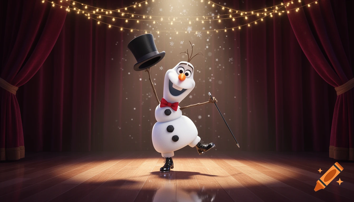 Olaf from Disney's Frozen tap dancing on a stage, holding a top hat and ...