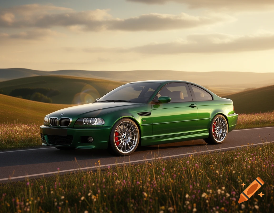 Green BMW E46 coupe on a winding road through rolling grassy hills at ...