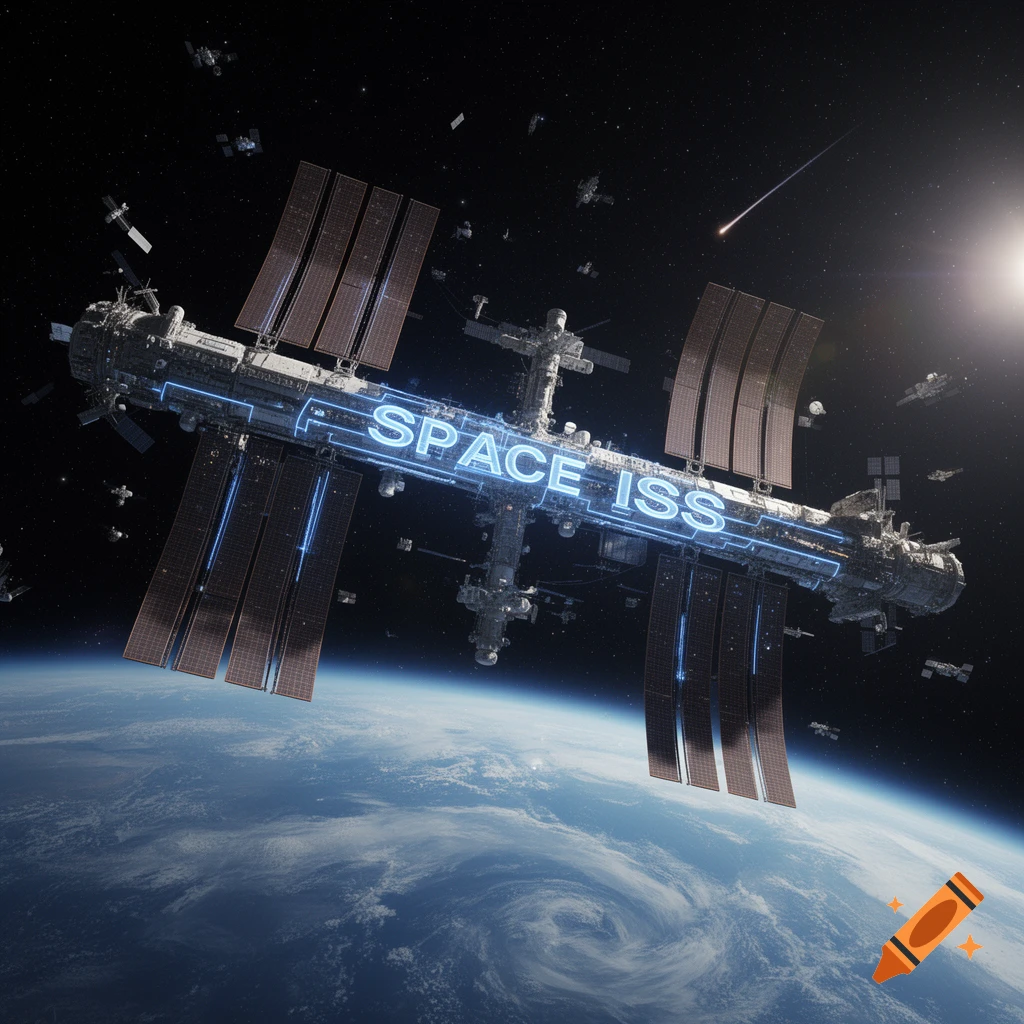 A photorealistic image of the International Space Station with glowing ...