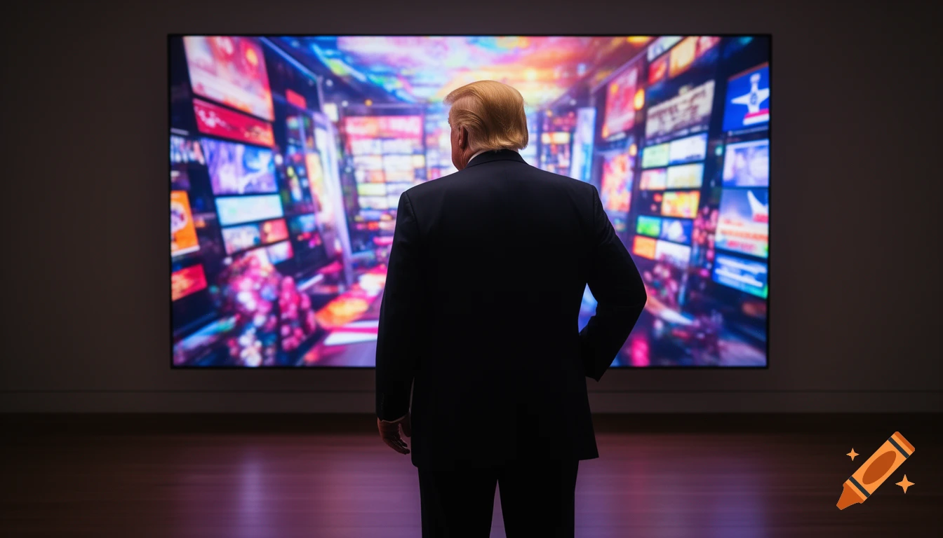 Photorealistic image of Donald Trump from behind, watching a large ...