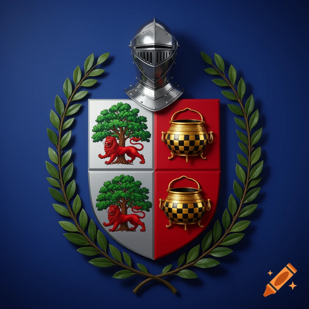 A professional heraldic coat of arms with a knight helmet, quarterly ...