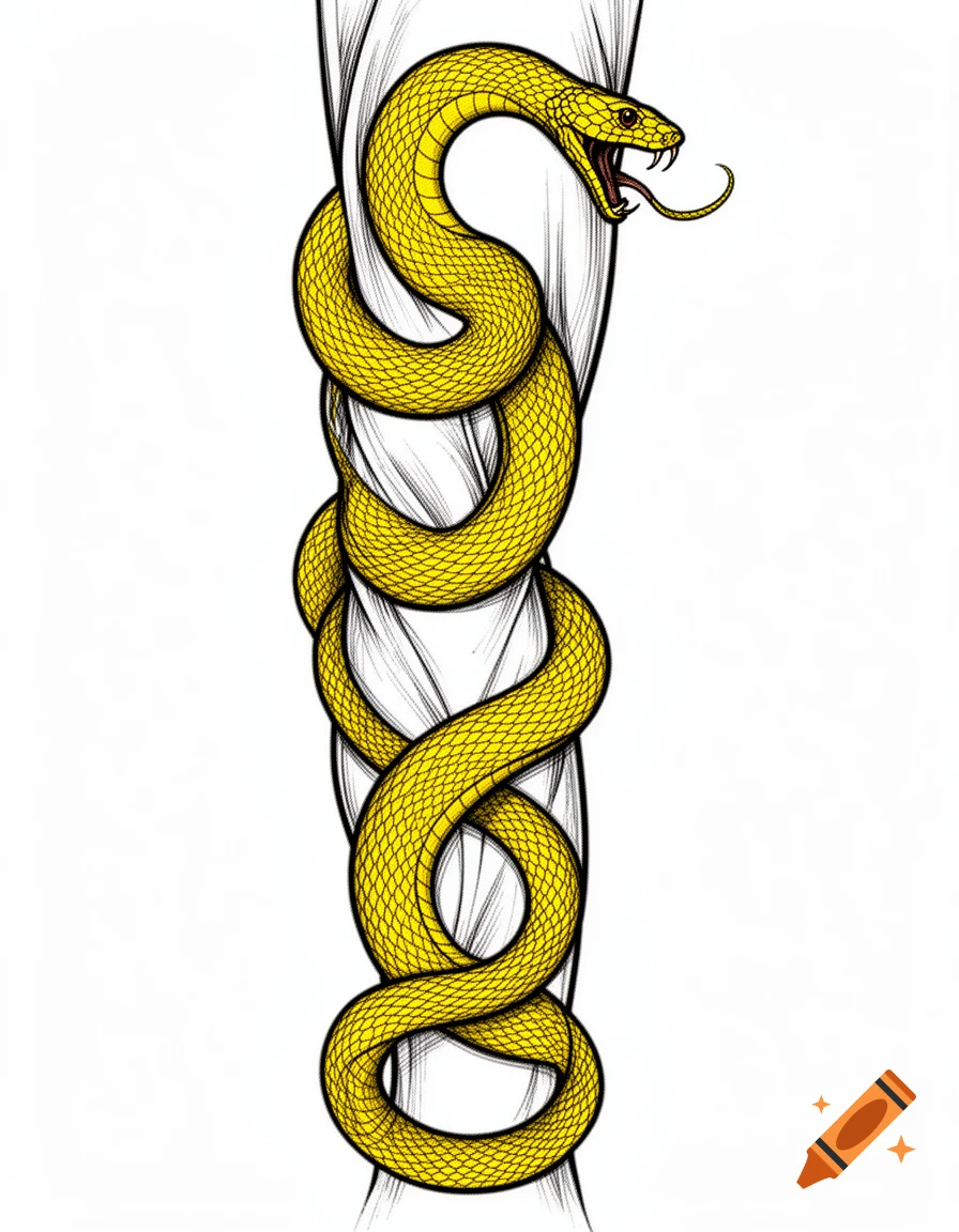 A yellow snake with an open jaw and scales wrapped around an arm in ...