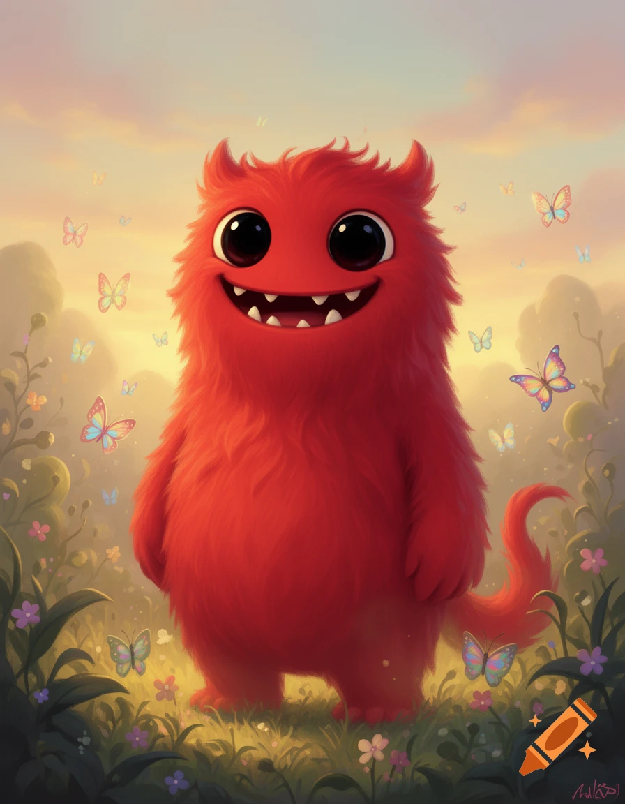 A cute, fluffy red monster with big black eyes and sharp-toothed smile ...