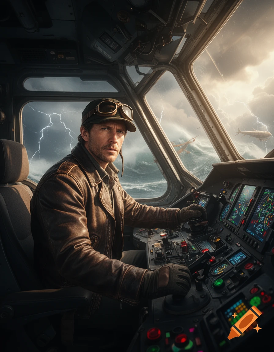Hyper-realistic portrait of a daring airship captain in a detailed ...