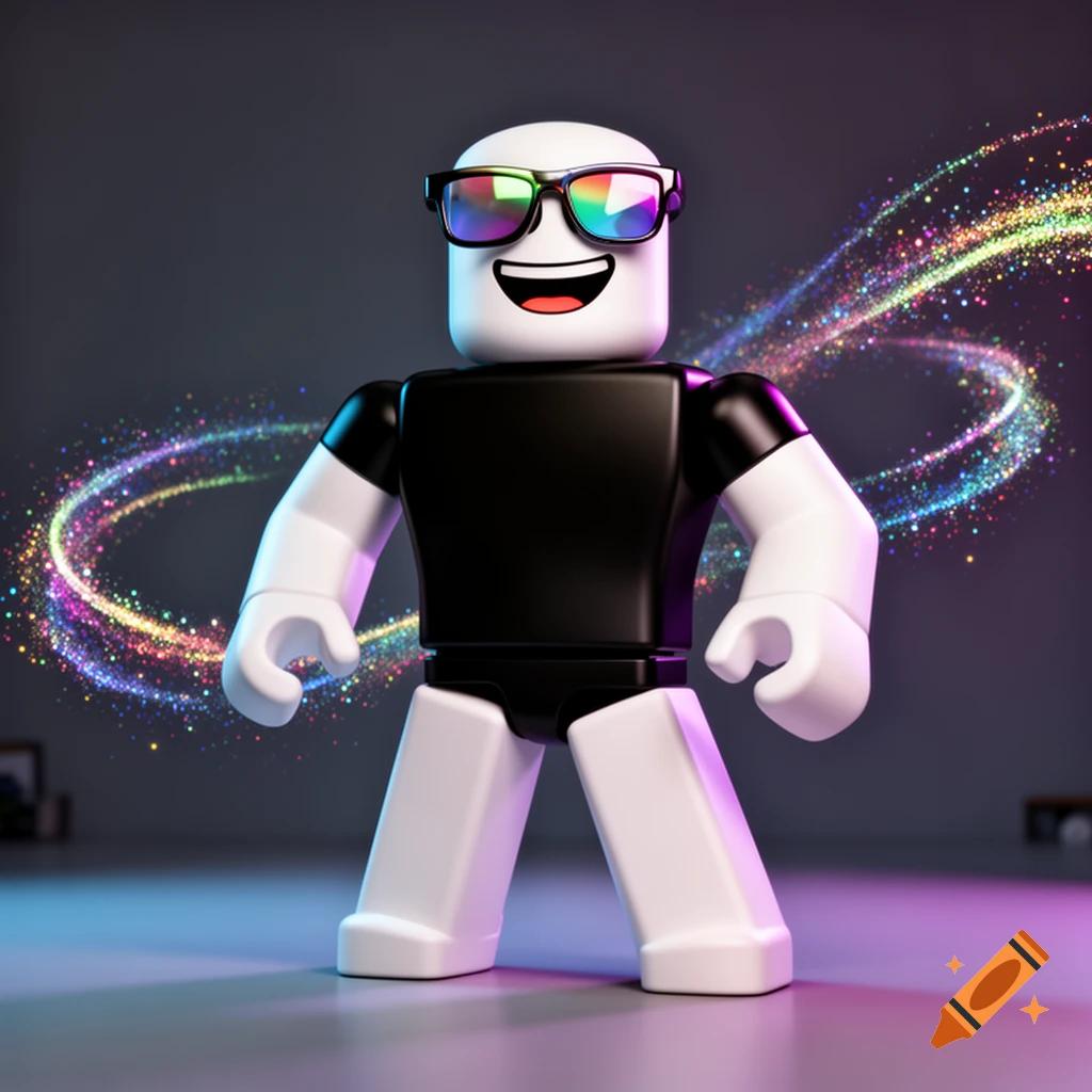 A smiling Roblox-style character with a white body, black torso, and ...