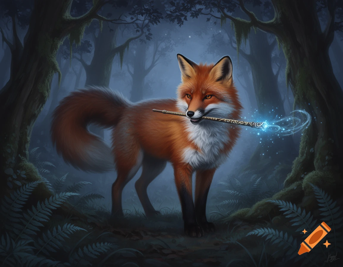 A red fox stands in a misty, dark forest, holding a glowing magic wand ...