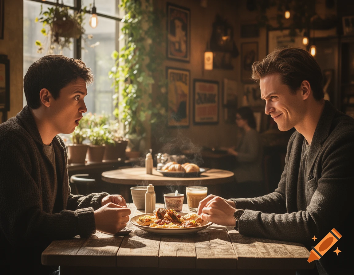 Two men at a cafe table with food, one looks surprised, the other ...