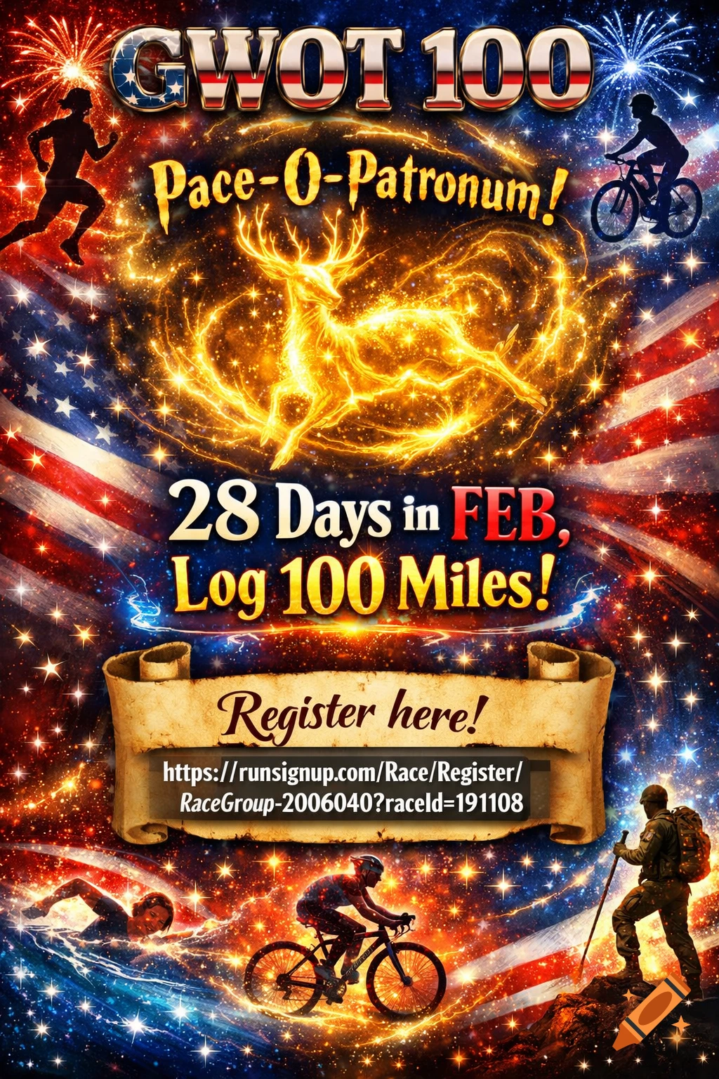 Vibrant flyer for the "GWOT 100 Pace-O-Patronum!" virtual race against ...