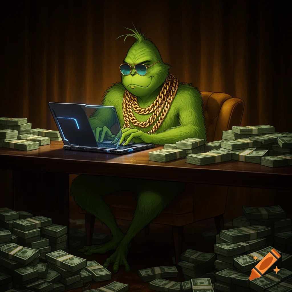 A Grinch-like character wearing sunglasses and gold chains sits at a ...