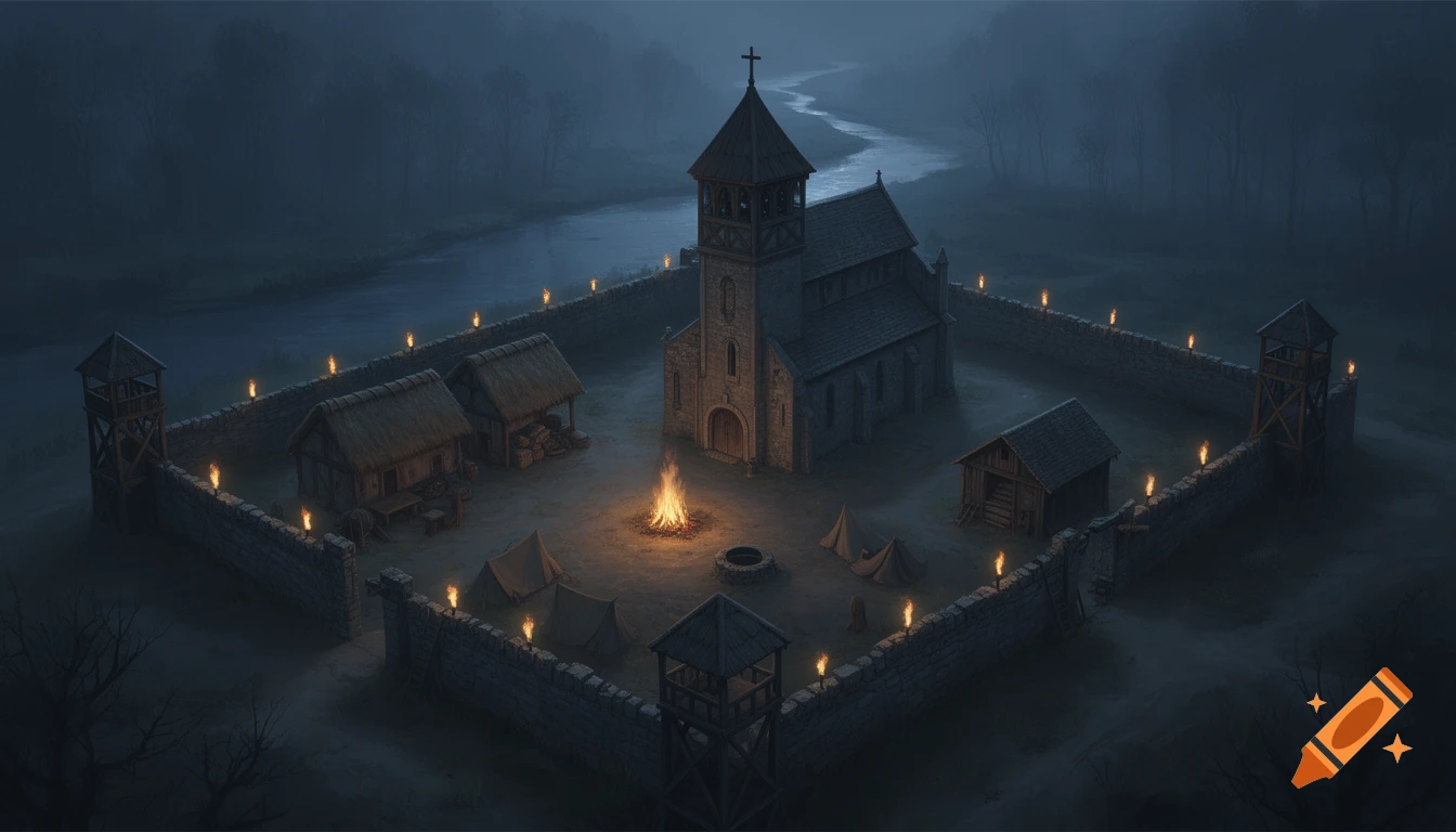 A dark, misty aerial view of a fortified Anglo-Saxon monastery at night ...