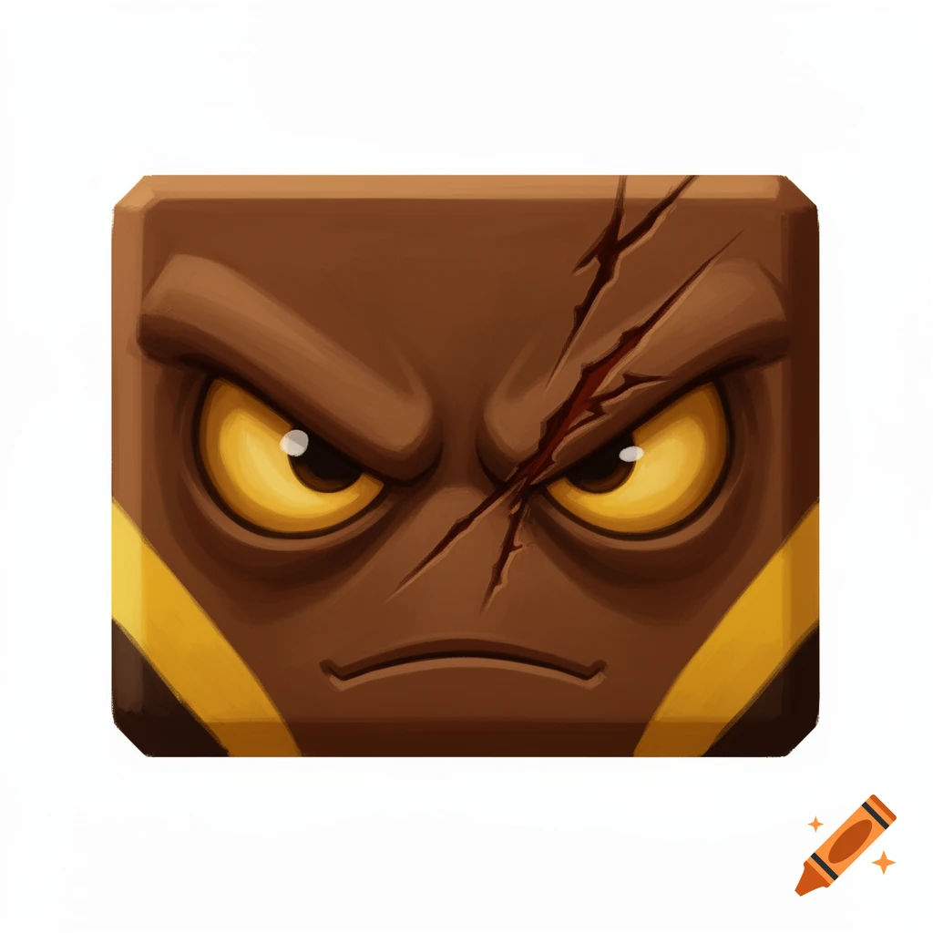 A stylized, square-headed, angry brown character face with yellow eyes ...