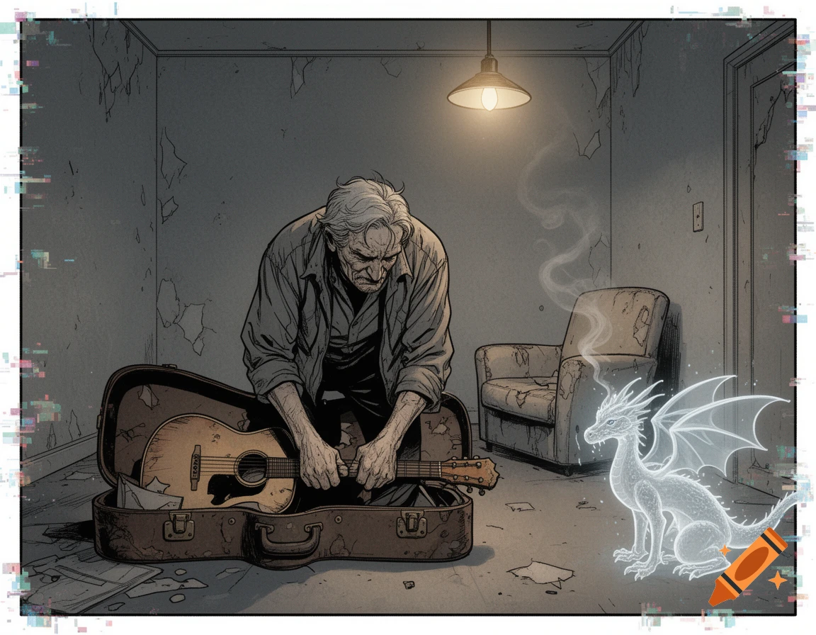 Gritty comic book panel of an older musician packing a guitar in a dim ...