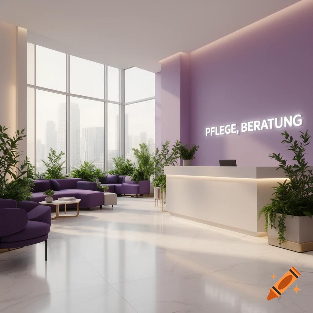 A modern reception area with purple sofas, green plants, a white desk ...