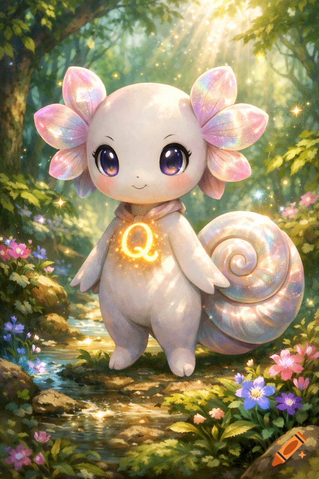 A cute, white, humanoid creature with flower-shaped ears and a coiled ...