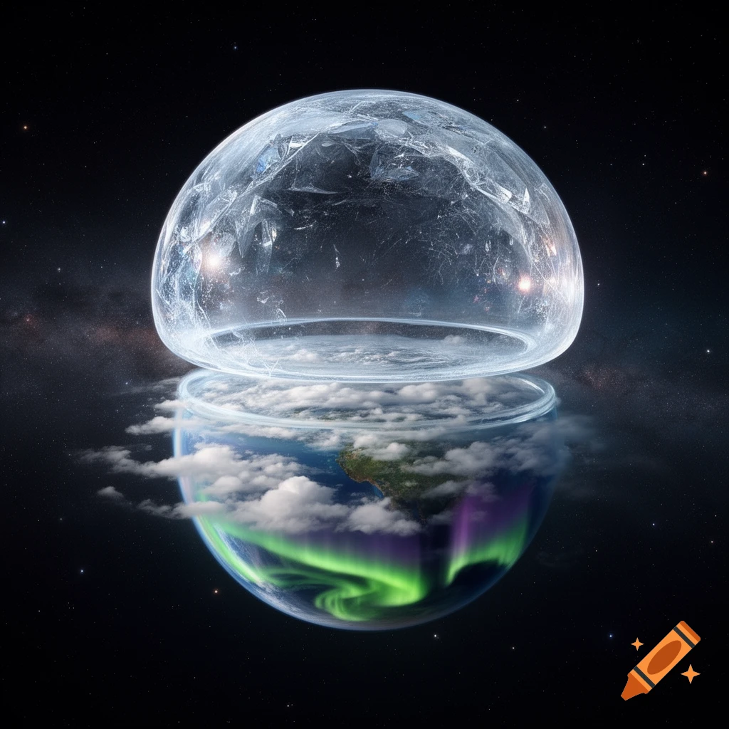 A conceptual planet in space featuring an icy, transparent dome ...