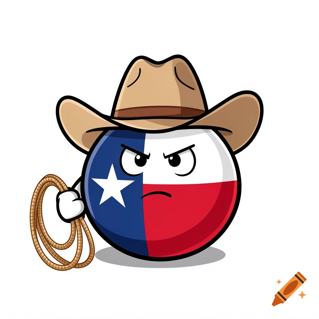 A cartoon Texas flag ball wearing a cowboy hat and holding a lasso ...
