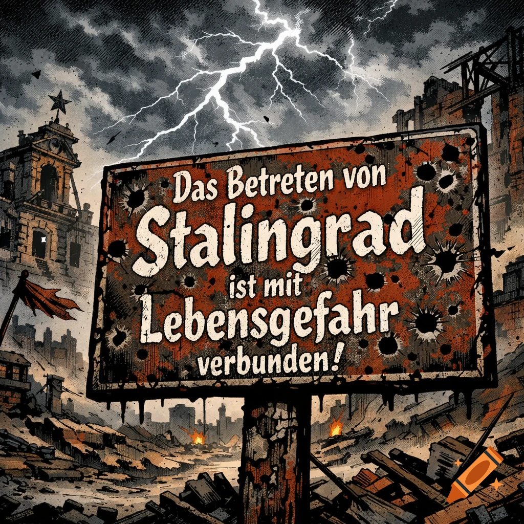 Comic art: a ruined city of Stalingrad with a rusty, bullet-holed sign ...