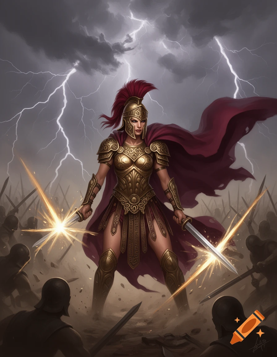 A powerful female warrior in golden armor and red cape holds two swords ...