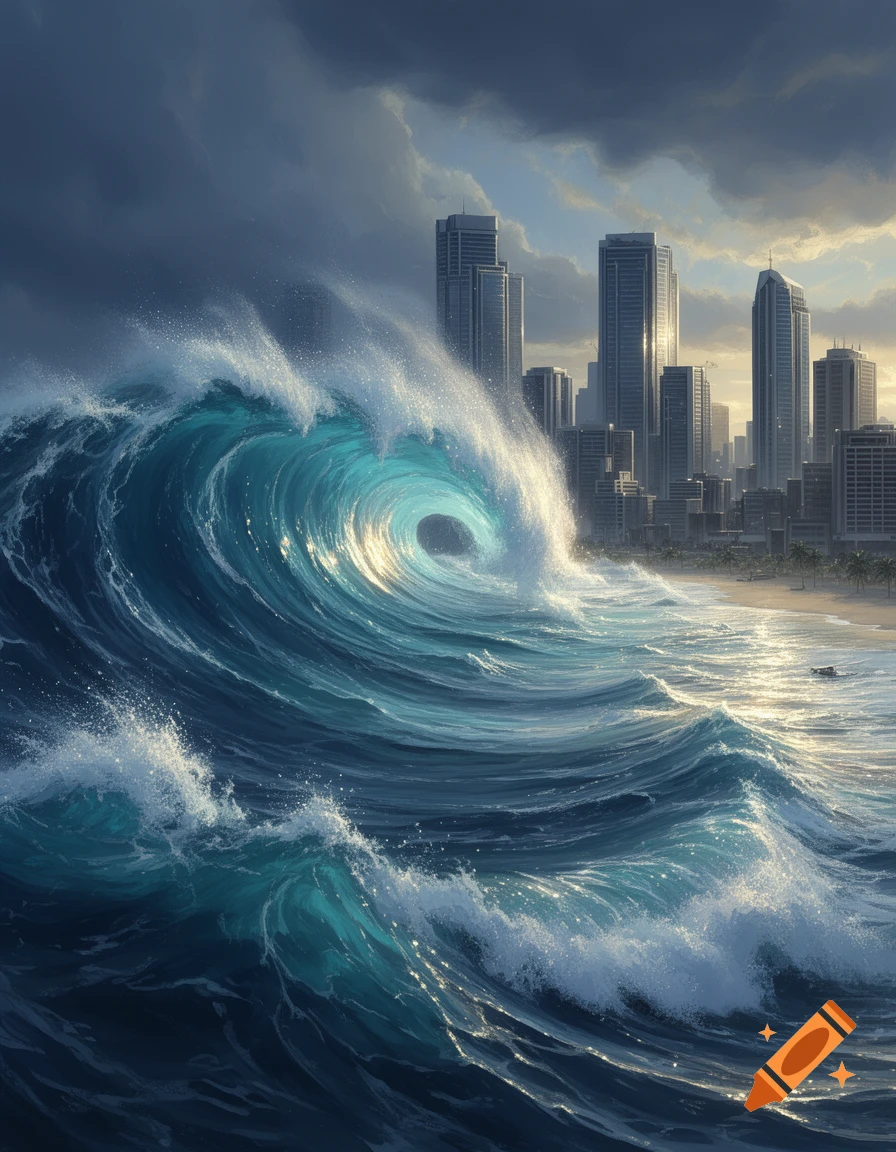 A large blue-green tsunami wave surges towards a modern city skyline ...