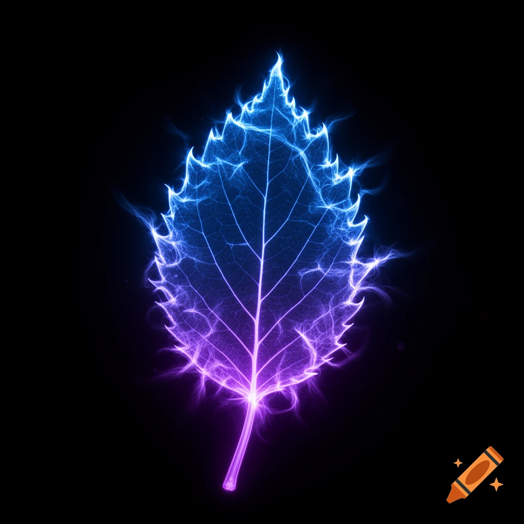 A glowing, translucent leaf with intricate blue and purple veins and a ...
