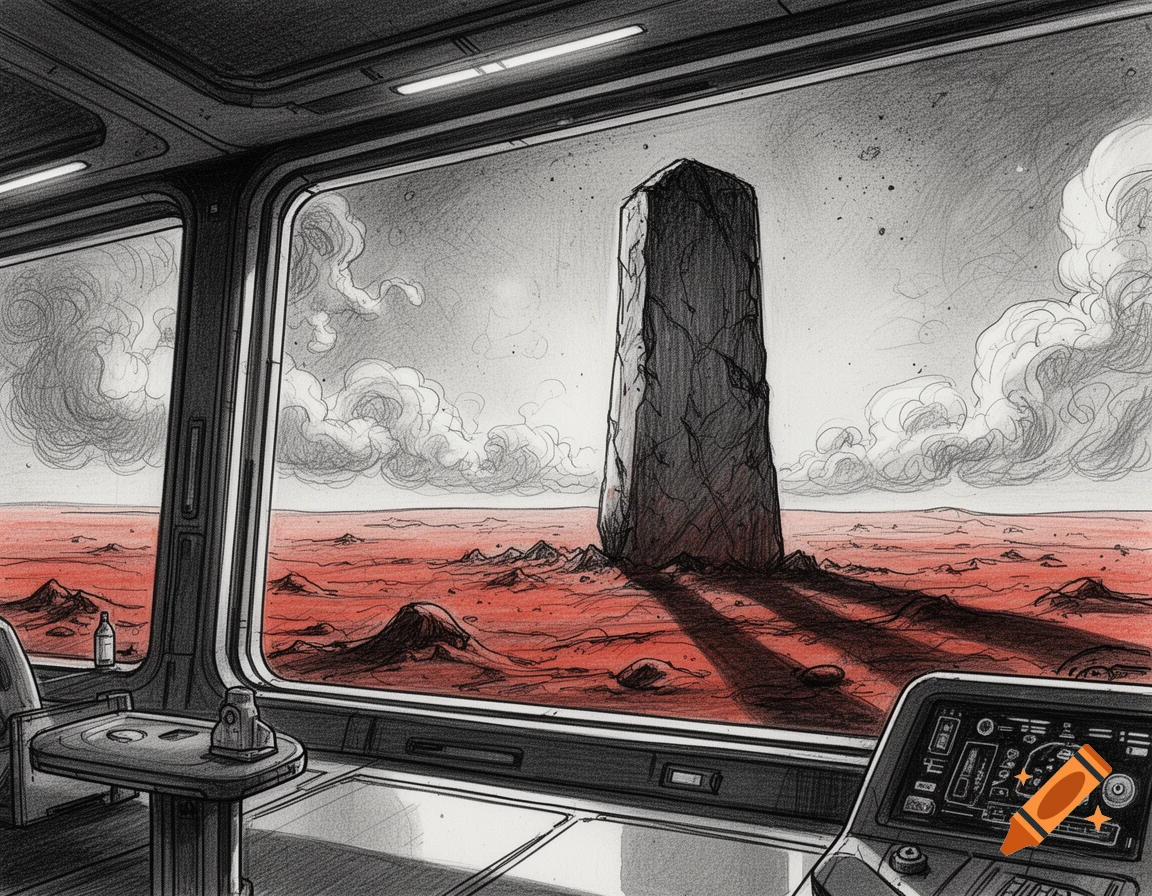 A sketchy ink illustration from a space station window showing a grand ...