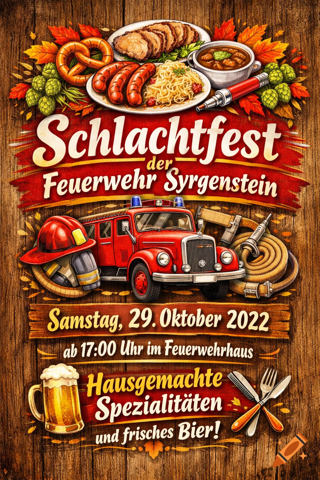 Vintage-style flyer for 'Schlachtfest der Feuerwehr Syrgenstein' event ...
