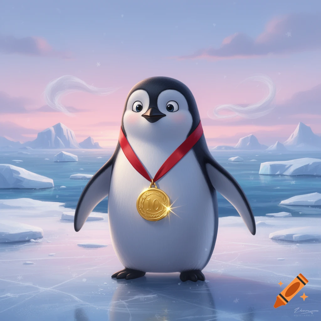 A cheerful cartoon penguin wearing a gold medal with '10' stands on ice ...