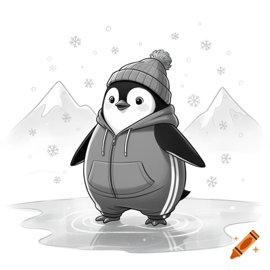 Black and white cartoon penguin in a beanie and hoodie, standing on ice ...