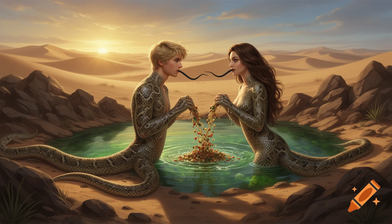 Two human-snake hybrids with long black tongues regurgitate food into a ...