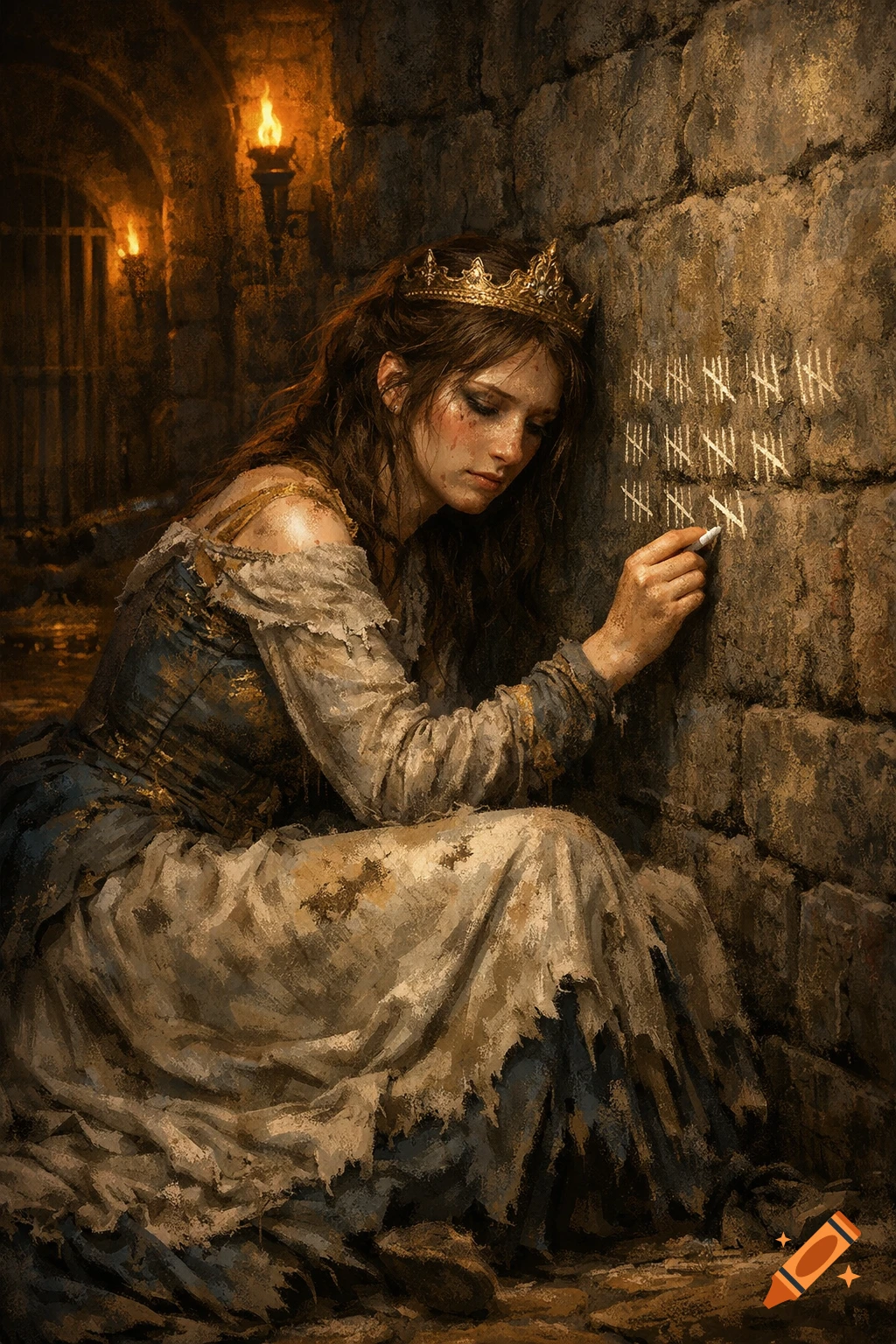 A sad princess with a crown and tattered clothes sits in a dark dungeon ...