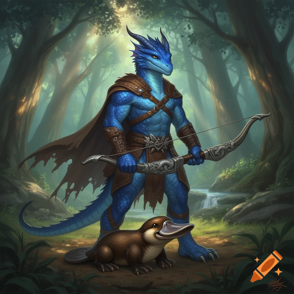 A blue dragonborn warrior with a bow stands in a forest next to a ...