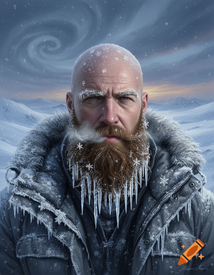 Close-up portrait of a bald man with an icy beard and snowy fur coat in ...