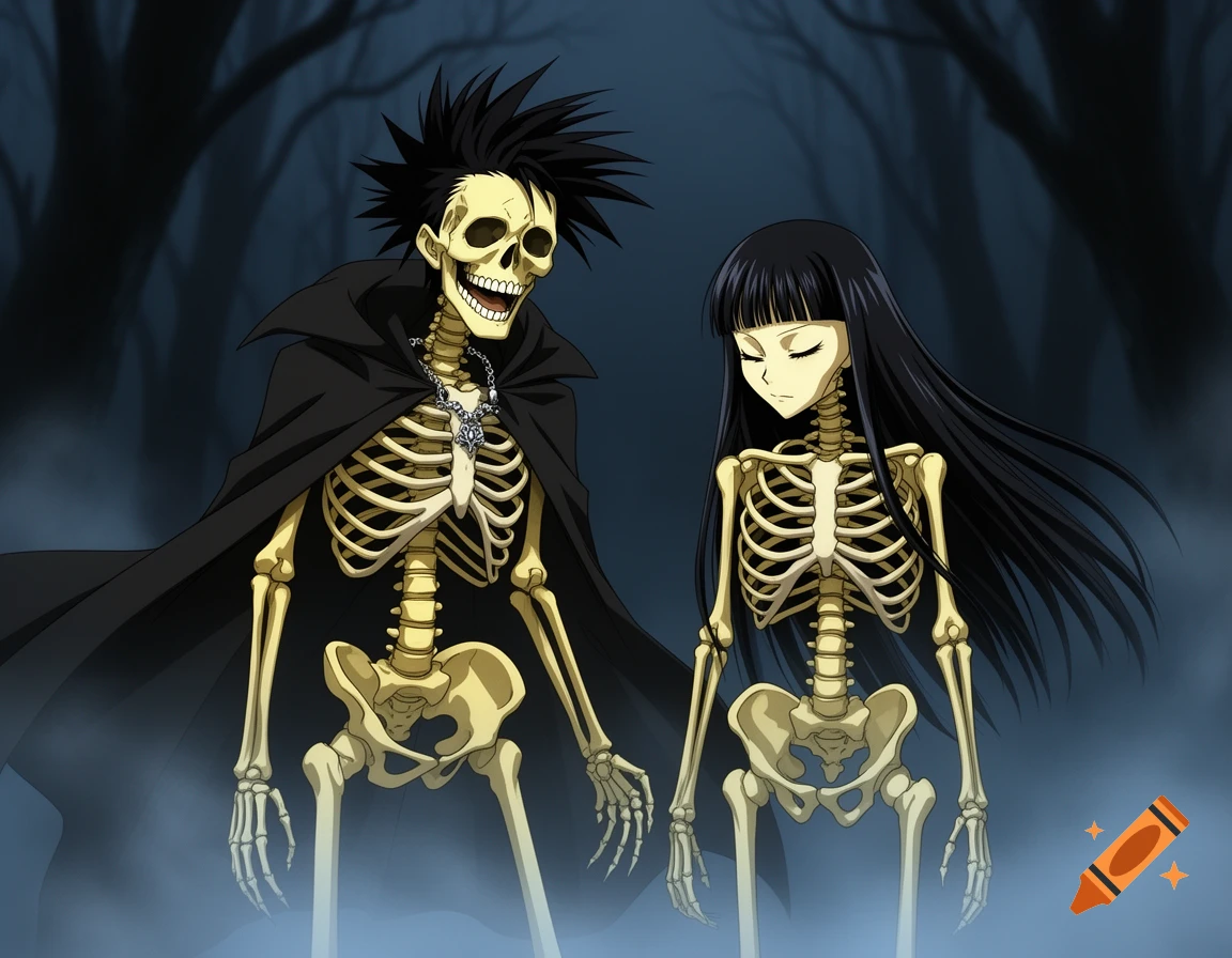 Anime-style image of a spiky-haired skeleton in a cloak laughing next ...