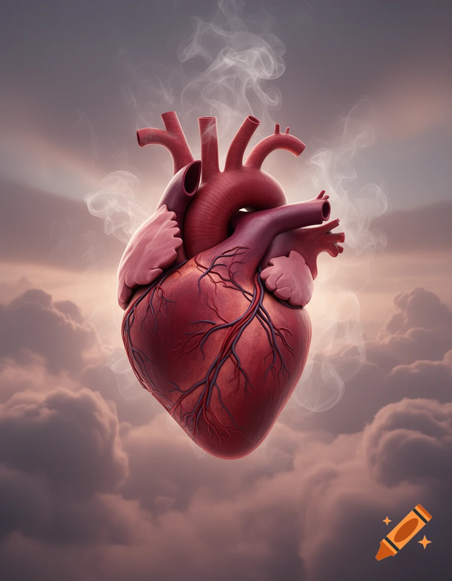 A detailed, stylized anatomical human heart floats dramatically amidst ...
