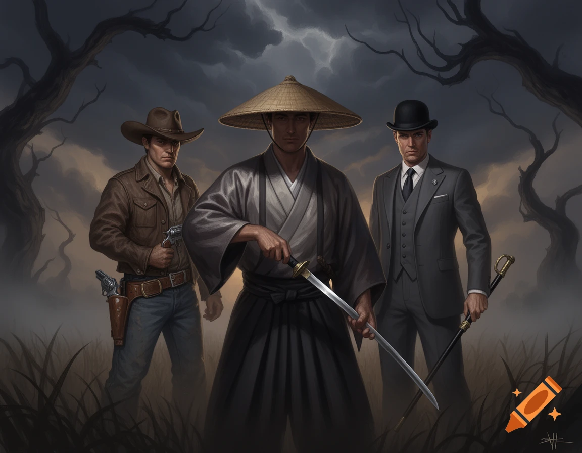 A detailed illustration of a samurai, a cowboy, and a British man ...