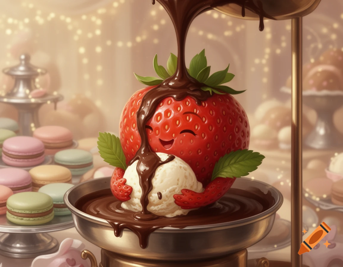 Cute cartoon strawberry covered in melted chocolate, hugging vanilla ...