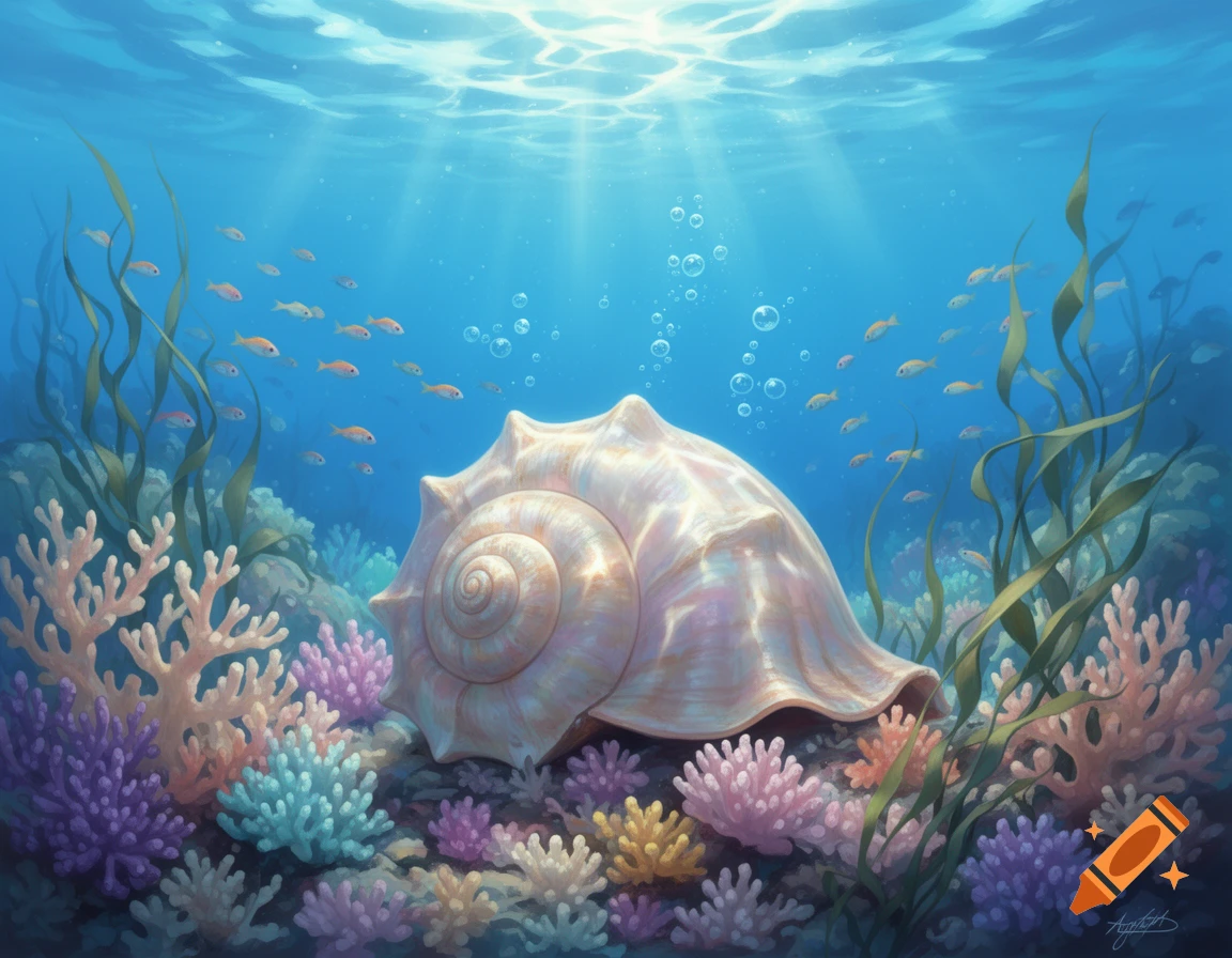 A vibrant illustration of a large, pearlescent conch shell on a ...