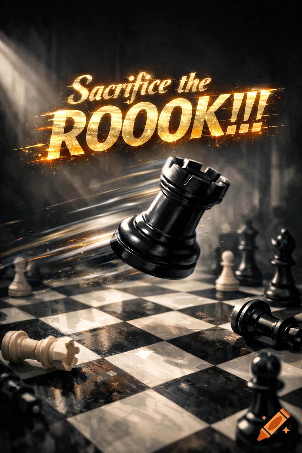 A dramatic image of a black rook chess piece flying over a chessboard ...