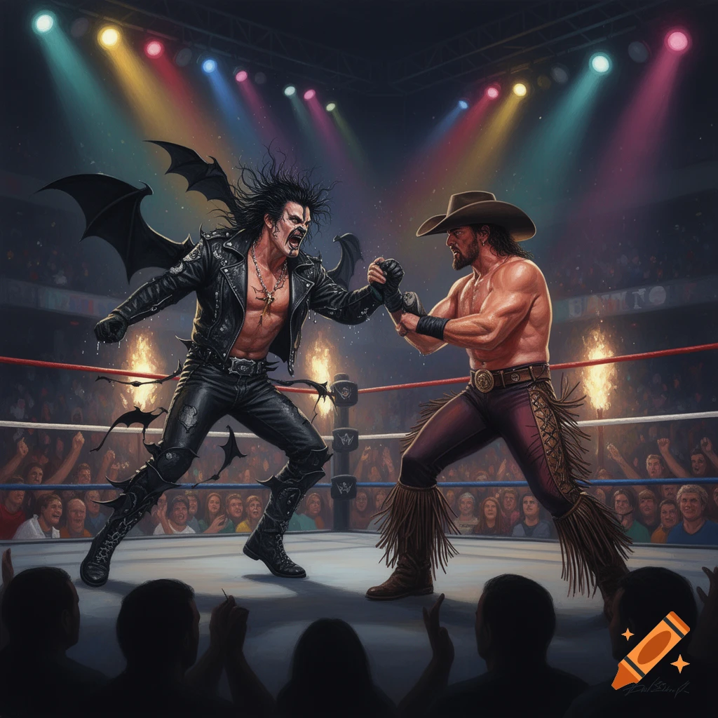 A gothic winged wrestler and a cowboy wrestler face off in a brightly ...