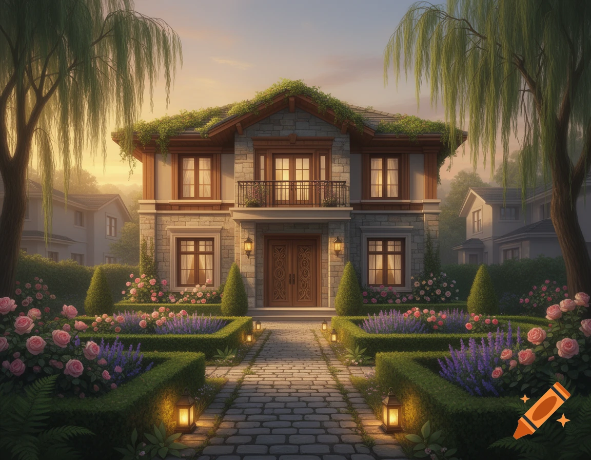 A beautiful two-story stone house with a lush garden, winding ...