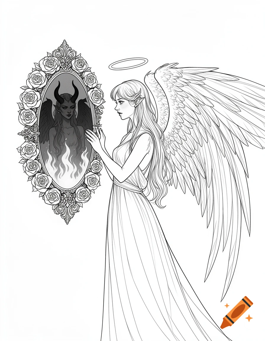 Line art drawing of an angelic woman looking into a mirror, seeing a ...