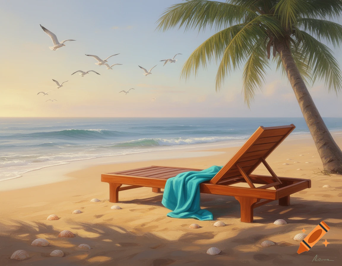 Painterly beach scene with a wooden lounge chair, turquoise towel, palm ...