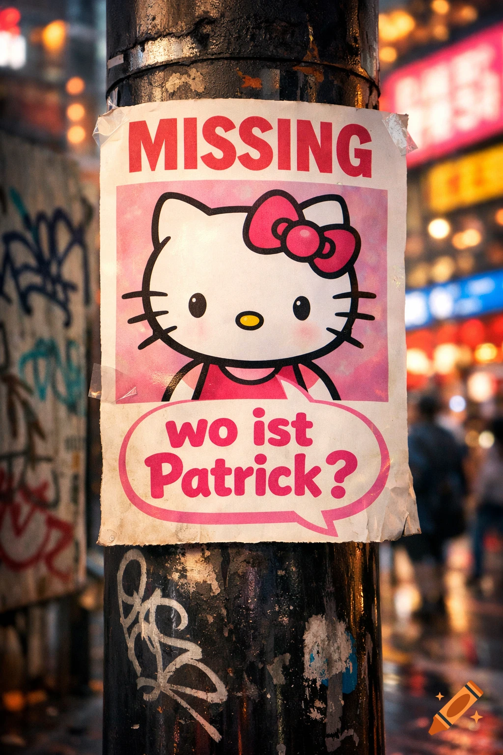 A Hello Kitty 'MISSING' poster with text 'wo ist Patrick?' taped to a ...