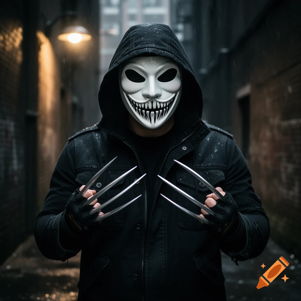 A hooded vigilante in a black jacket and a creepy white mask with sharp ...