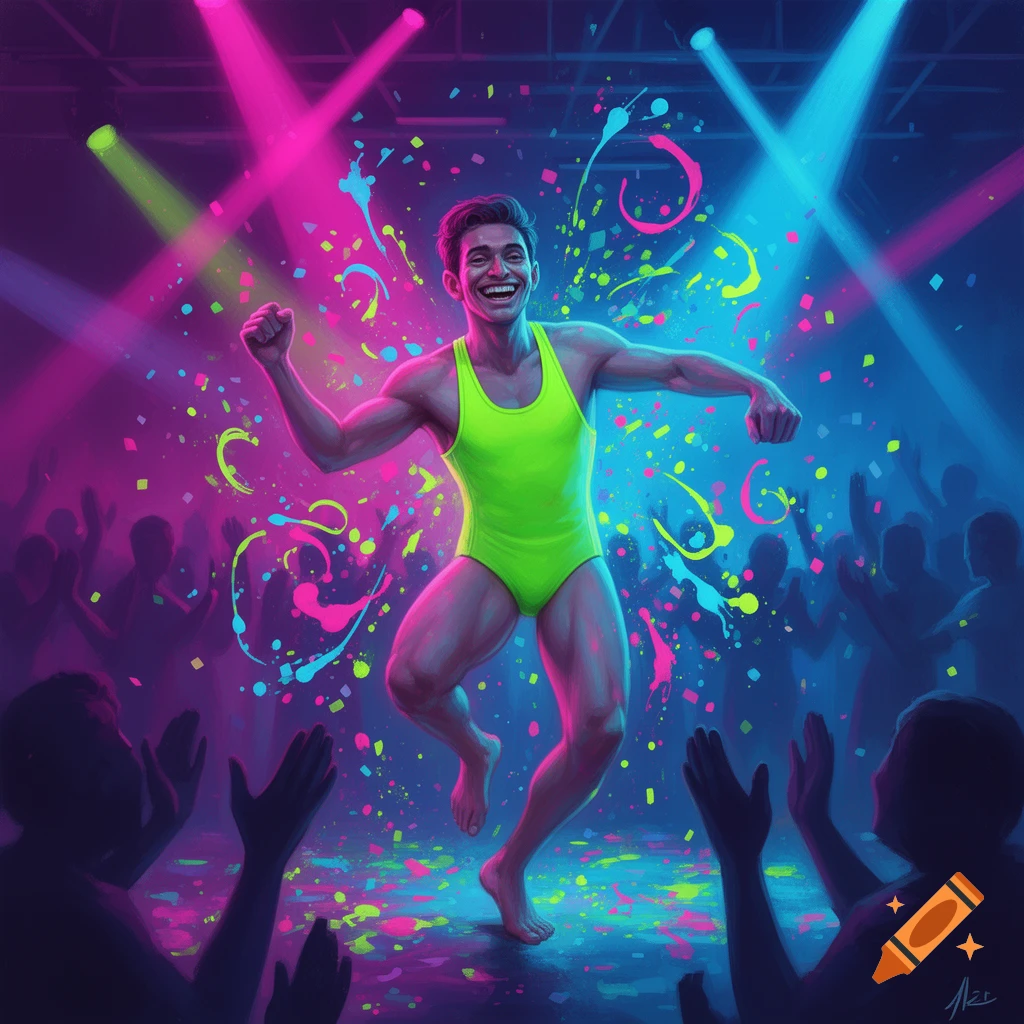 A joyful man in a neon green mankini dances exuberantly under bright ...