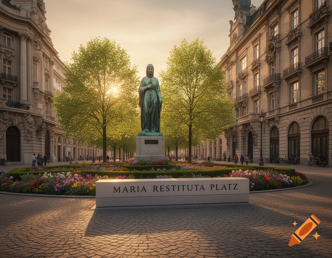A photorealistic image of a statue in a public square with buildings ...