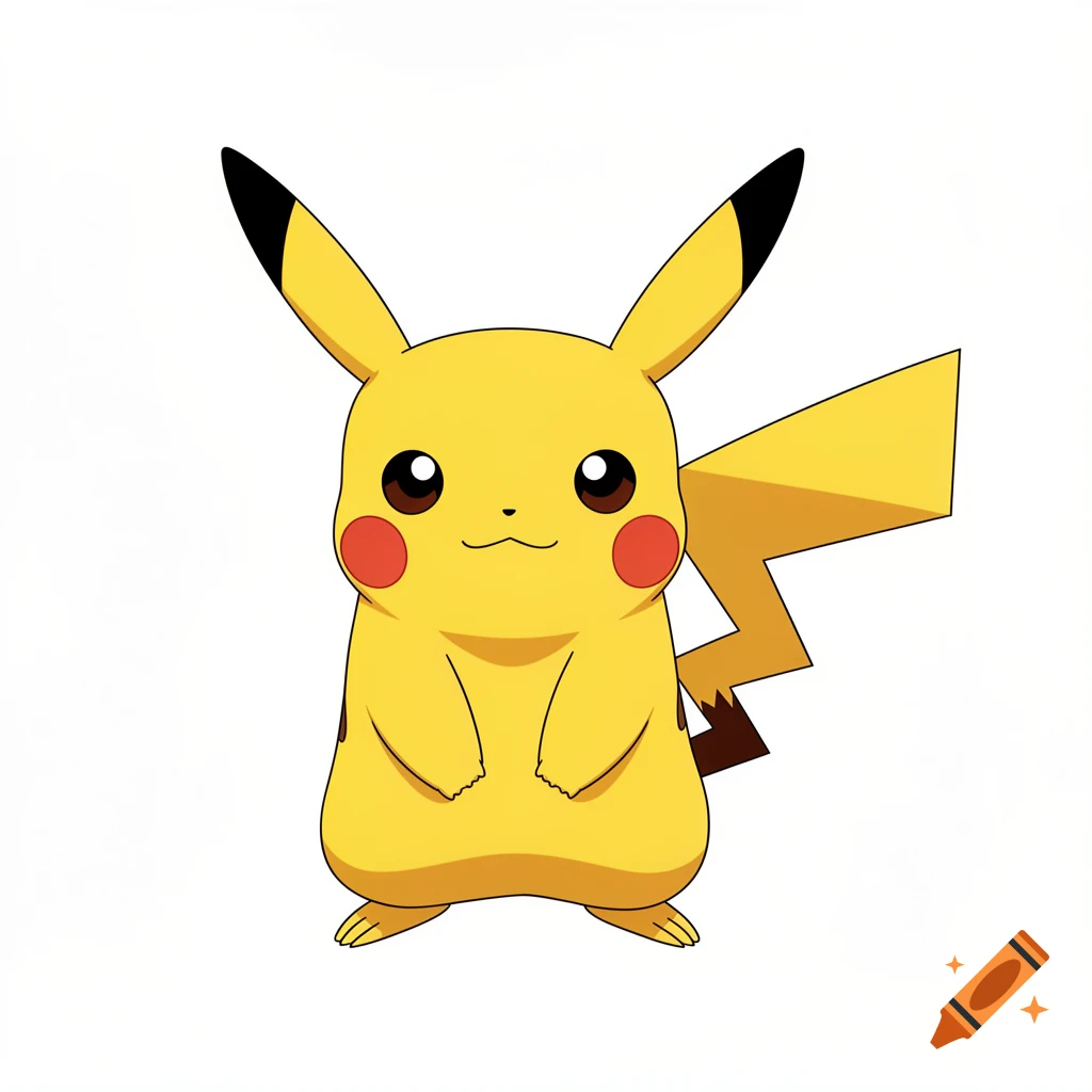 A bright yellow cartoon Pikachu with red cheeks, black-tipped ears, and ...