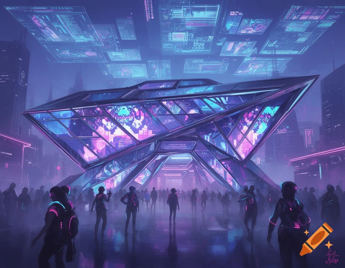 A vibrant cyberpunk cityscape at night features a large, glowing ...