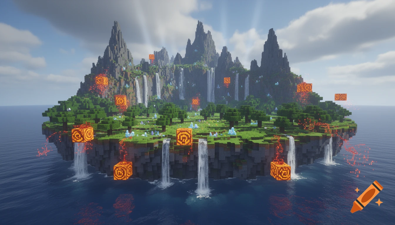 A modded Minecraft fantasy island with tall mountains, lush greenery ...